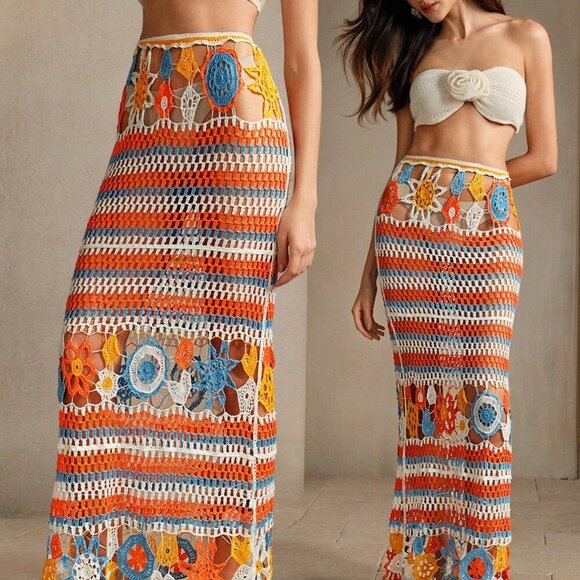 Skirts | White Womens Beach Striped Colorblock Hollowout Knitted Maxi ...